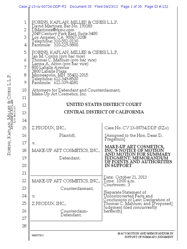 Z Produx v. MAC - MSJ Brief | PDF | Summary Judgment | Glossary Of ...