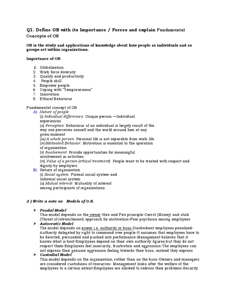 Q1. Define OB With Its Importance / Forces and Explain: Fundamental ...