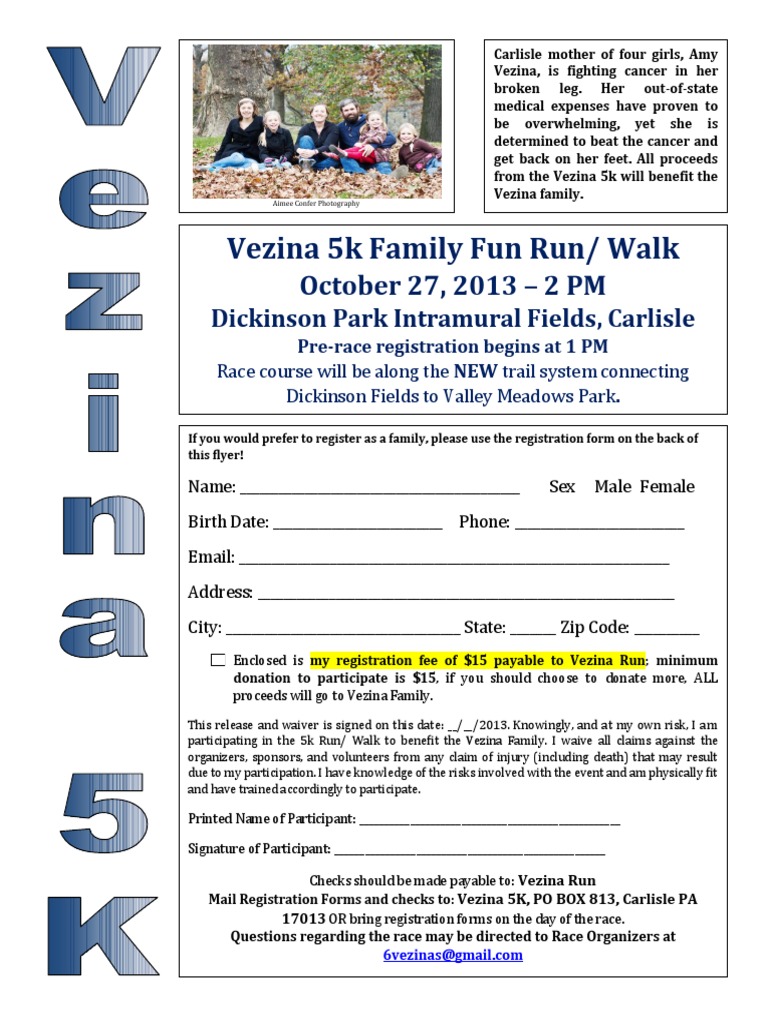 Vezina 5k Family Fun Run/ Walk Registration Form | PDF | Business