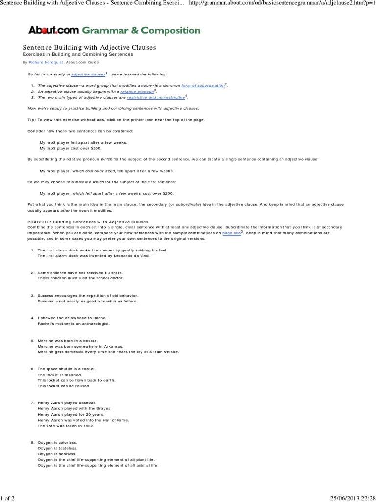Sentence Building With Adjective Clauses - Sentence Combining Exercises ...