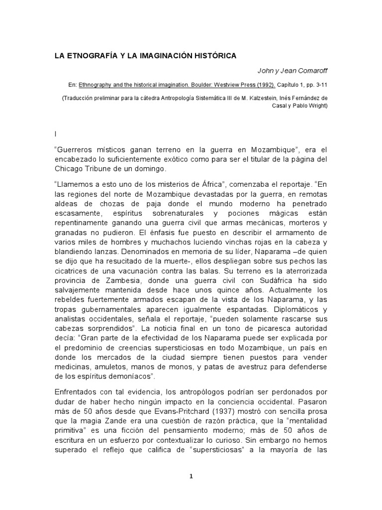 Comaroff Jean y John LA ETNOGRAFÍA Y LA IMAGINACIÓN HISTÓRICA | PDF ...