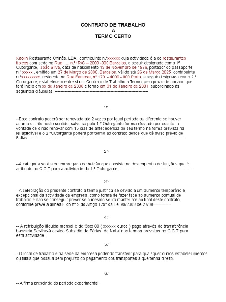 contrato de trabalho a termo certo - modelo