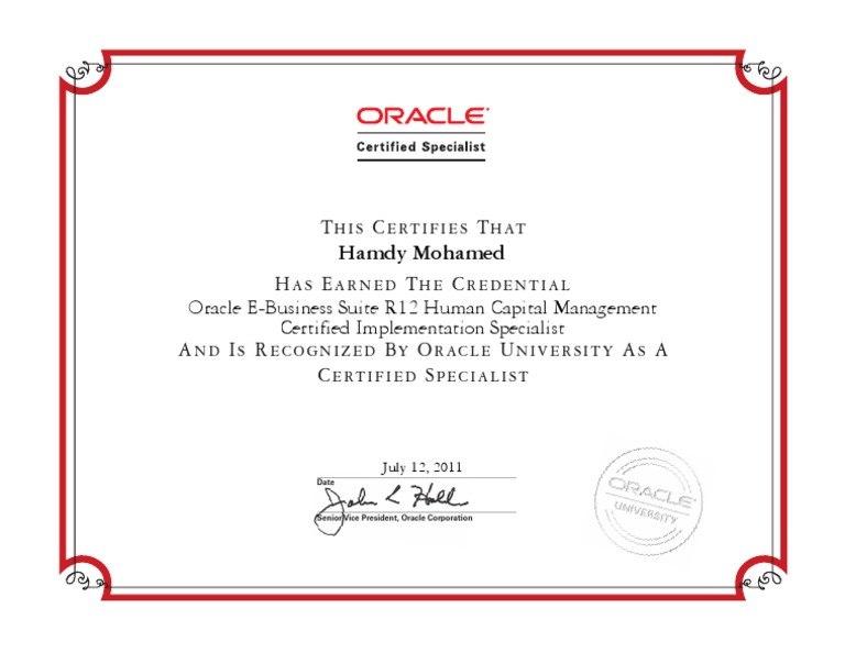 Hamdy Oracle HCM Certificate | PDF
