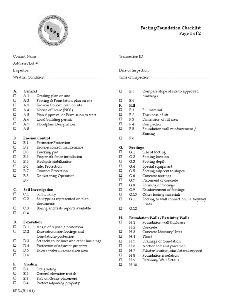 Footing/Foundation Checklist Page 1 of 2: A. General | PDF | Building ...