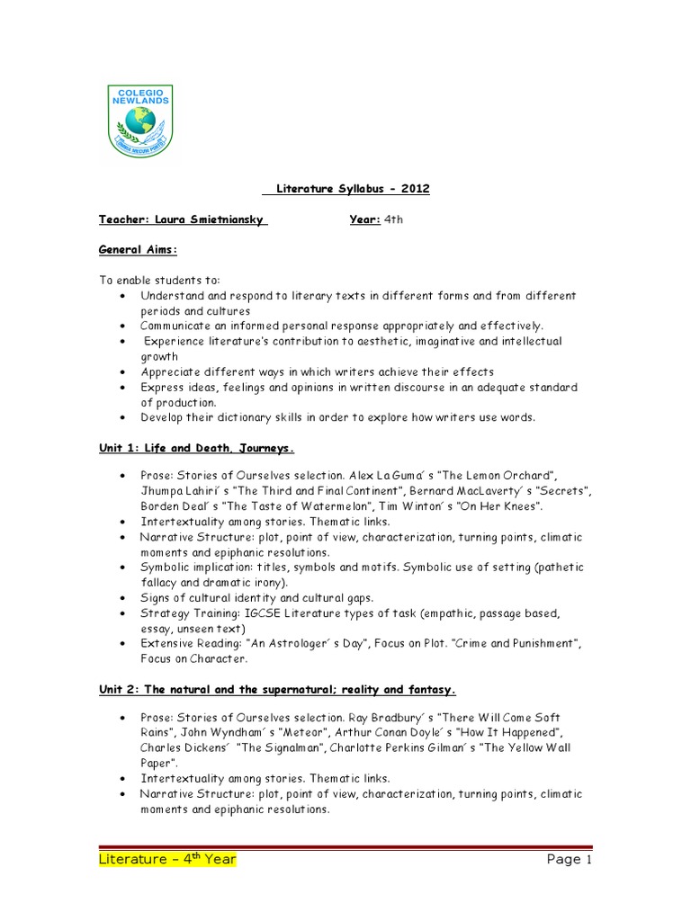 Literature Syllabus 2012 | PDF | Narrative | Essays