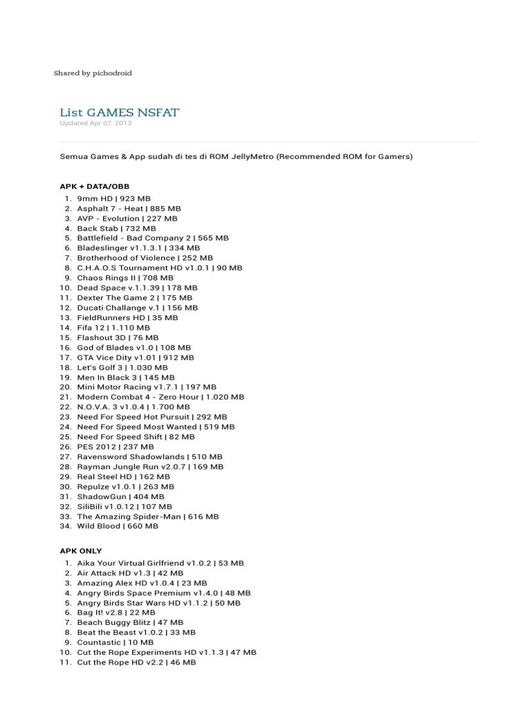 List Games Nsfat: Apk + Data/Obb | PDF | Leisure | Sports