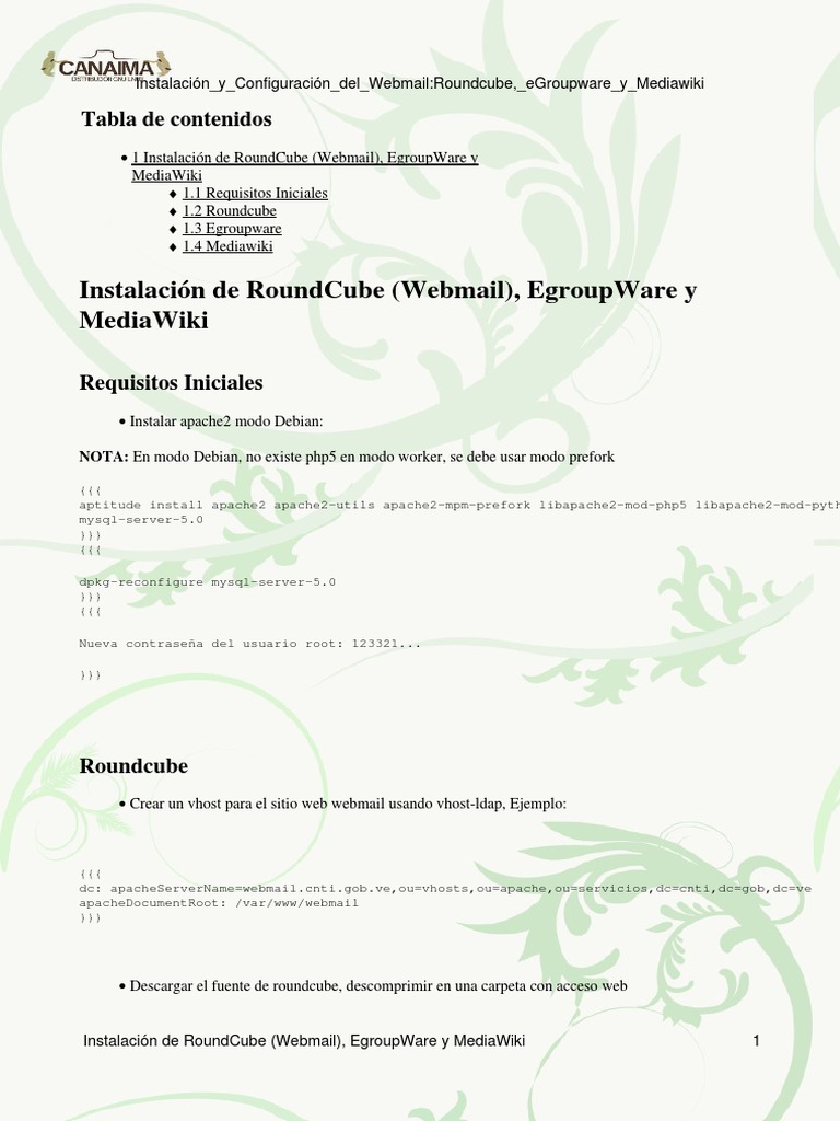 Instalación y Configuración Del Webmail-Roundcube, Egroupware y Mediawiki | PDF | Wiki | Red mundial