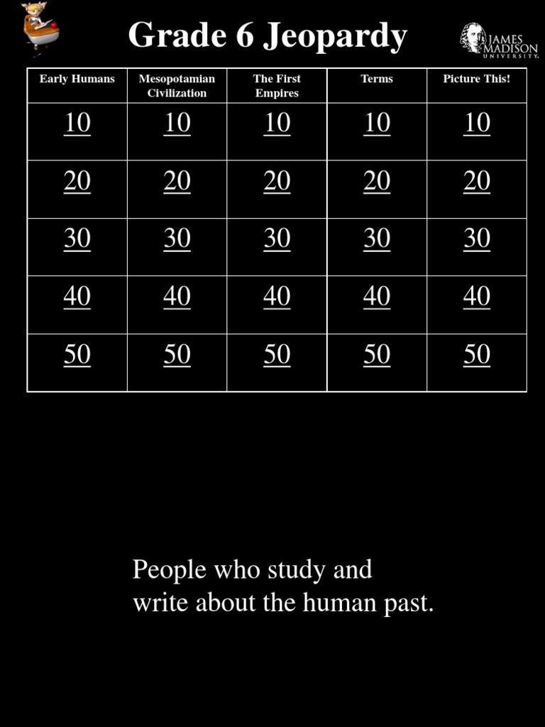 Grade 6 Jeopardy: Early Humans & Empires | PDF