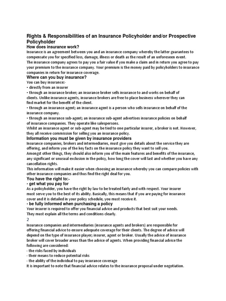 Rights & Responsibilities of An Insurance Policyholder And/or ...