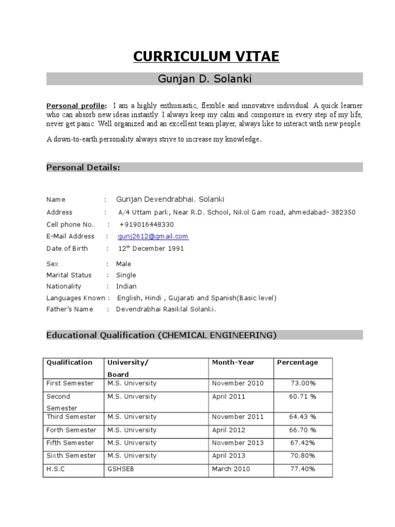 Curriculum Vitae: Gunjan D. Solanki | PDF | Cognition | Further Education