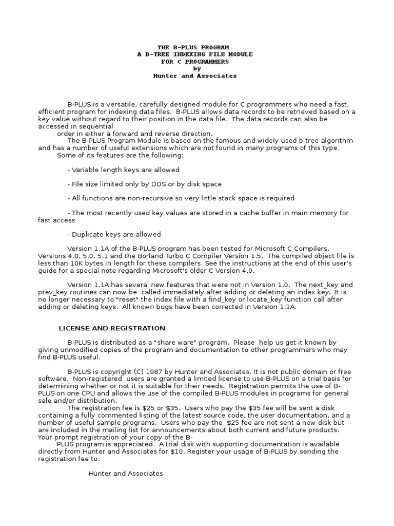 The B Plus Program A B Tree Indexing File Module For C Programmers By