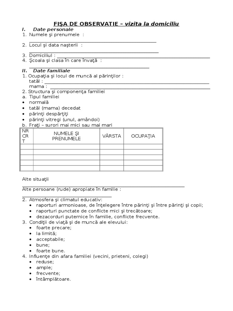 FIŞA DE OBSERVATIE - Vizita La Domiciliu | PDF
