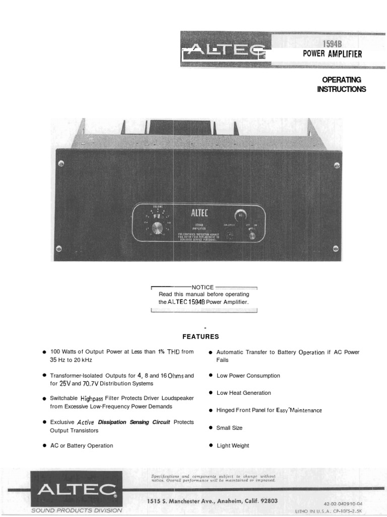 Altec Lansing 1594-B Owners Manual | PDF | Loudspeaker | Amplifier