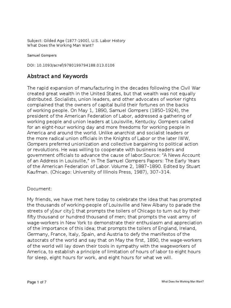 Gompers - What Does The Working Man Want | PDF | Labour Economics ...