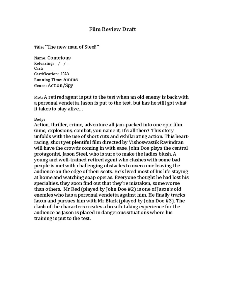 Film Review Draft: Title: Name: Releasing: - / - / - Cast ...