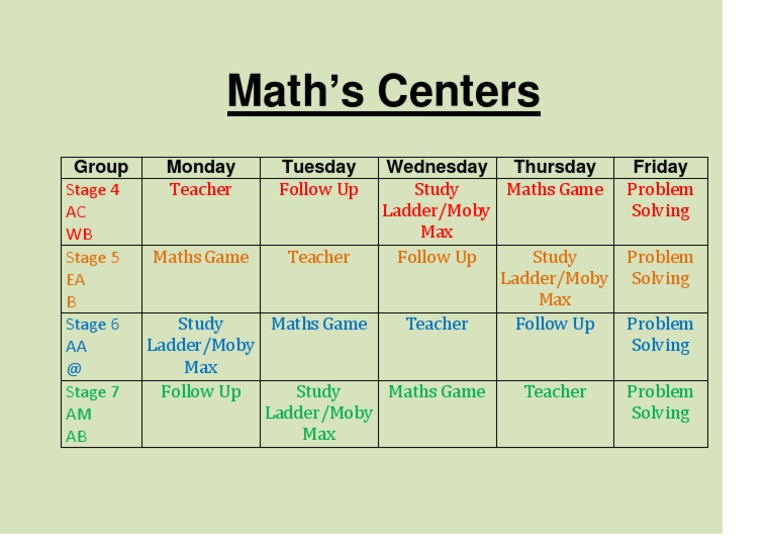 Weekly Math Centers Schedule | PDF | Language Arts & Discipline