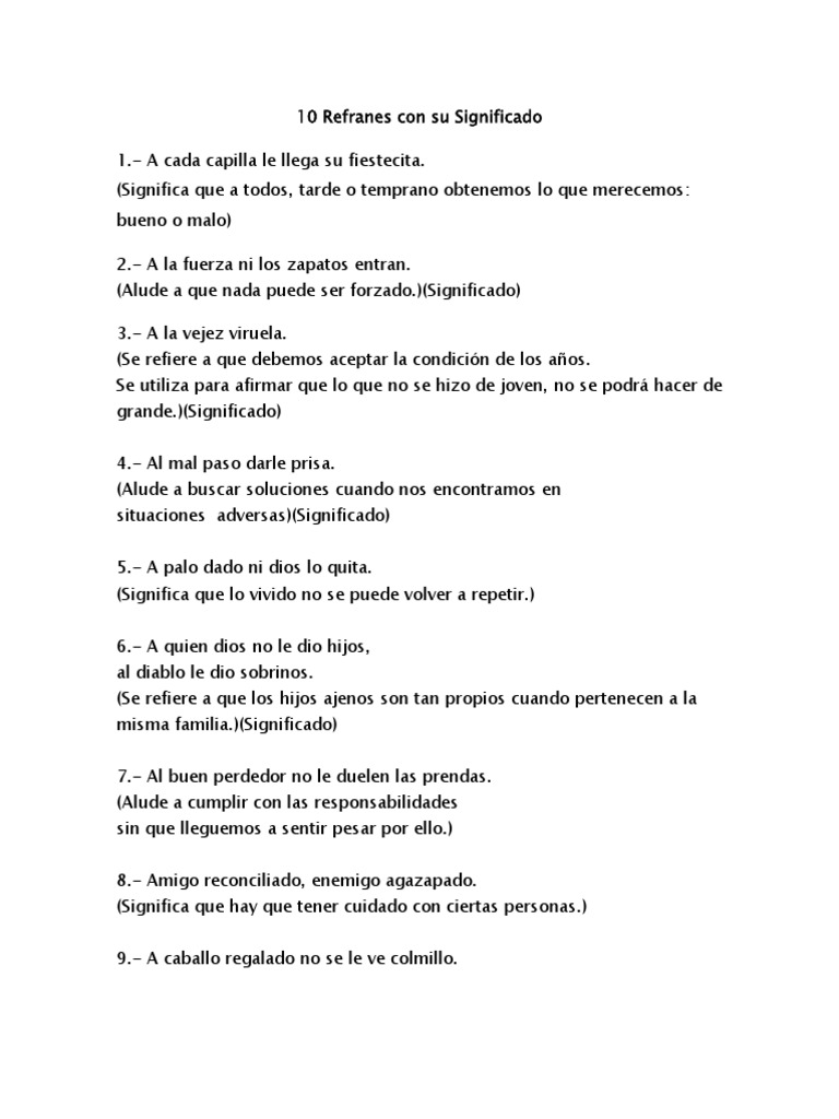 10 Refranes Con Su Significado | PDF