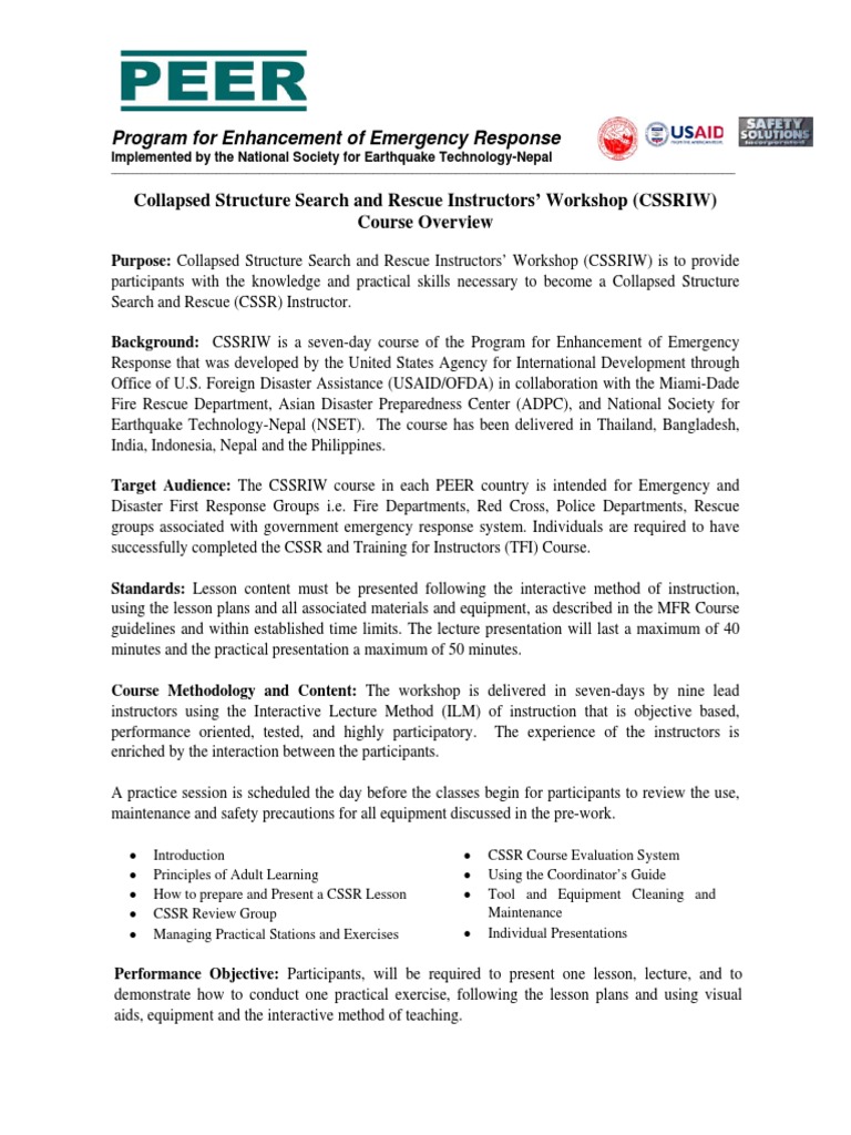 Collapsed Structure Search and Rescue Instructors Workshop (CSSRIW ...