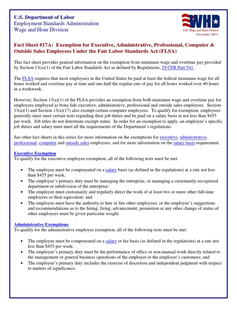Employee Exemptions Under FLSA | PDF | Overtime | Employment