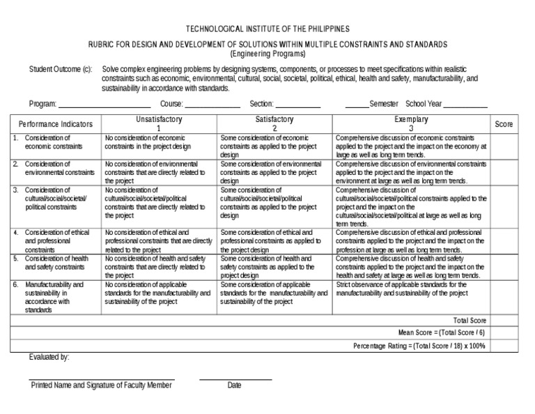 Engineering Rubric for SO (c) Multiple Constraints | Design | Engineering