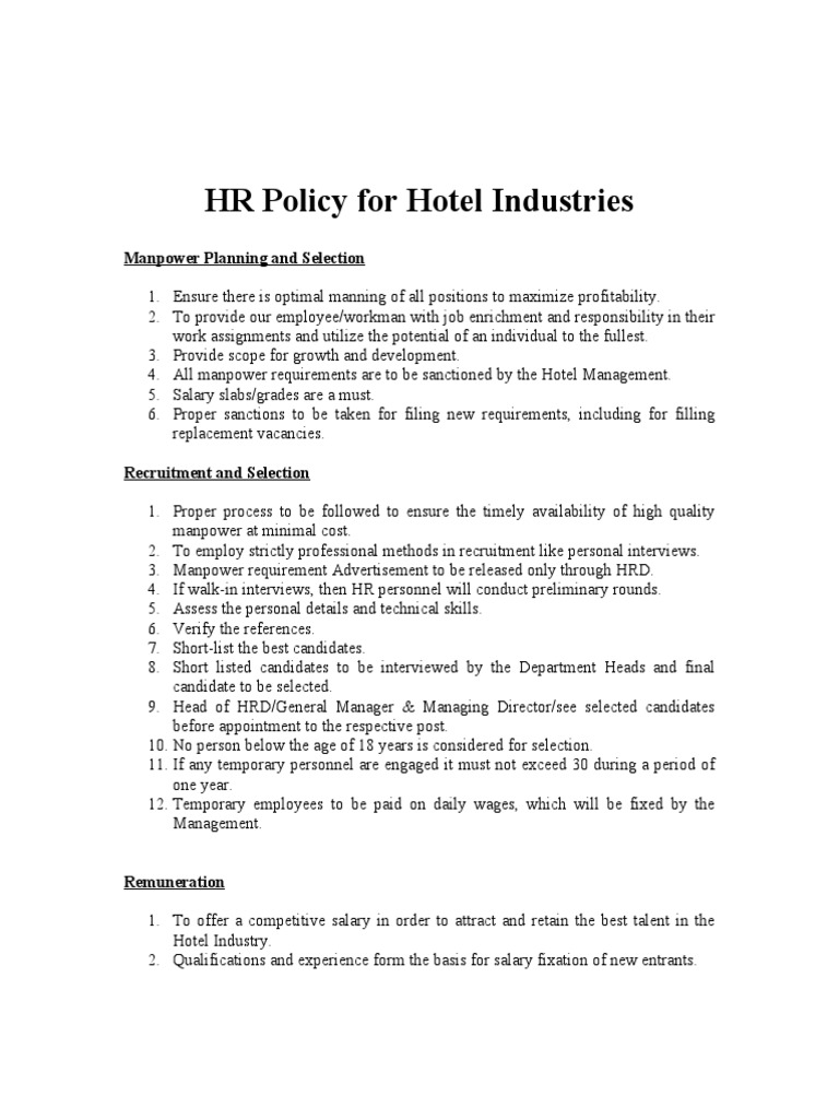 HR Policy For Hotel Industries | PDF | Employment | Salary