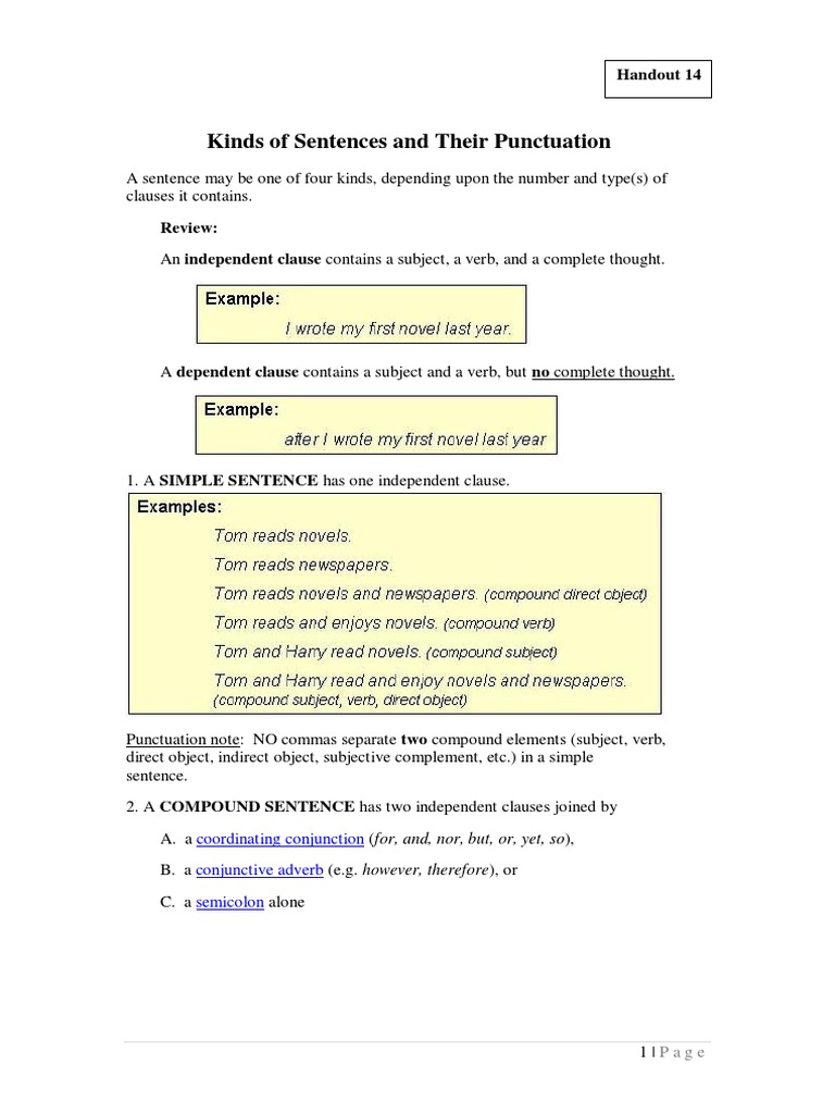 Kinds of Sentences and Their Punctuation - Handout 14 | PDF