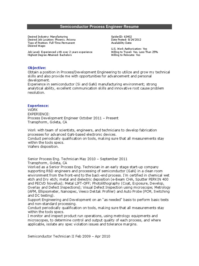 Semiconductor Process Engineer Resume | PDF | Semiconductor Device ...