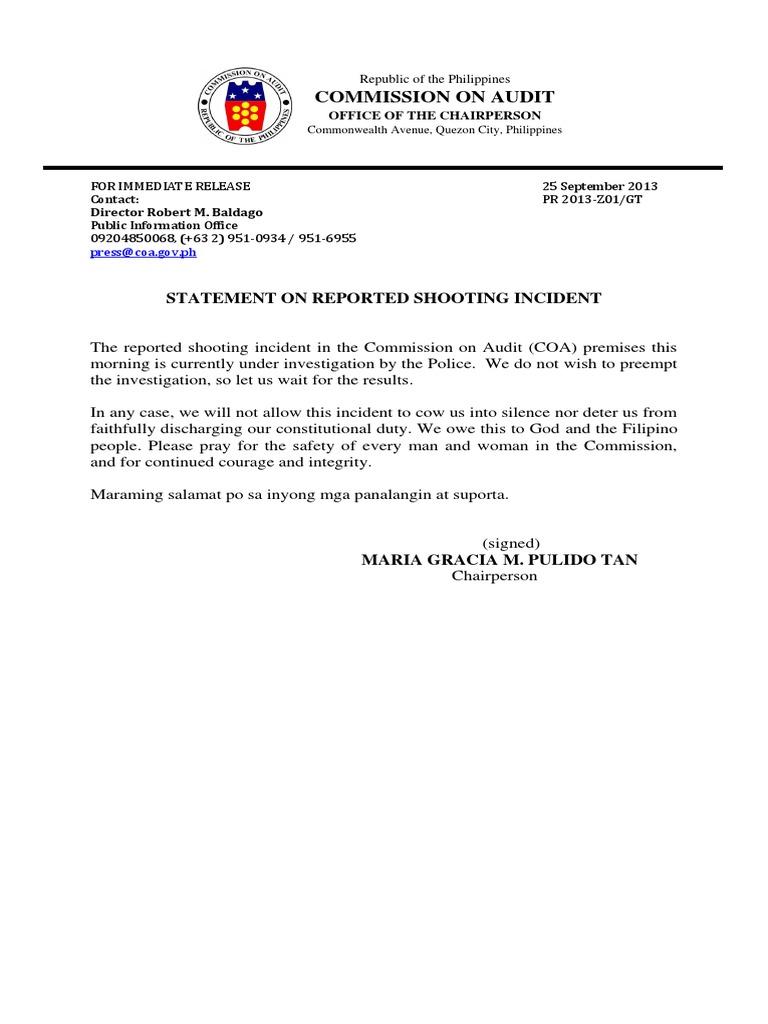 Coa Statement On Reported Shooting Incident | PDF