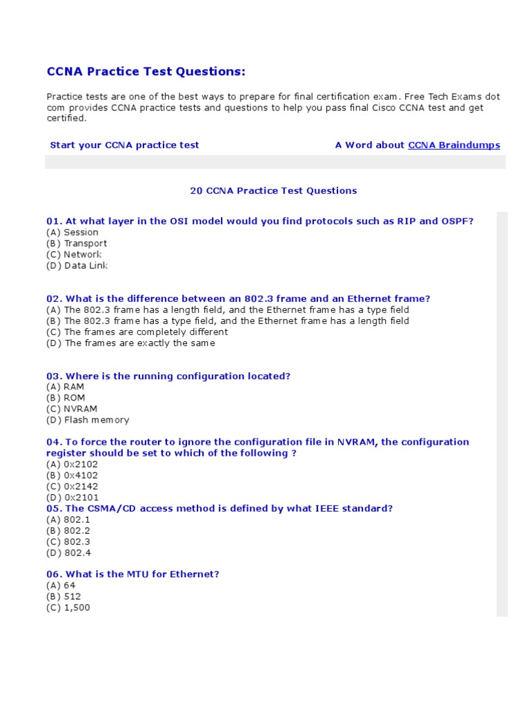 CCNA Practice Test Questions | PDF | Cisco Certifications | Routing