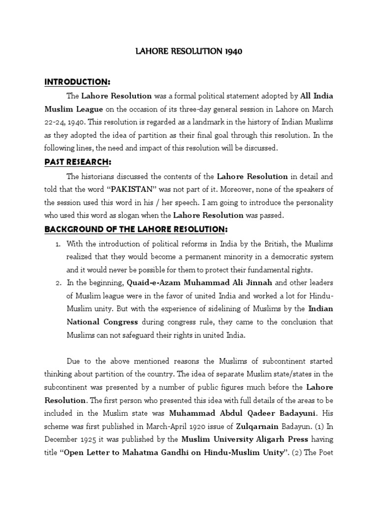 Lahore Resolution 1940 (1) | All India Muslim League | Muhammad Ali ...