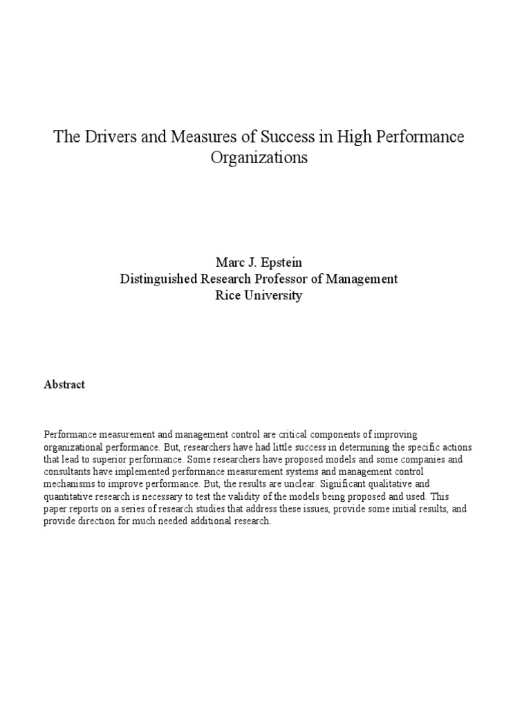 Identifying the Drivers and Measures of High Performance Through ...