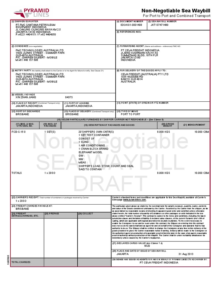 Non-Negotiable Sea Waybill for the Shipment of One Set of Test ...