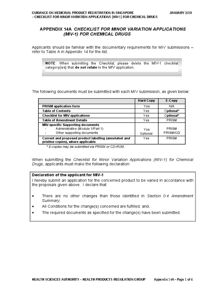 Appendix 14A - Checklist For MIV-1 Applications For Chemical Drugs | PDF | Shelf Life ...