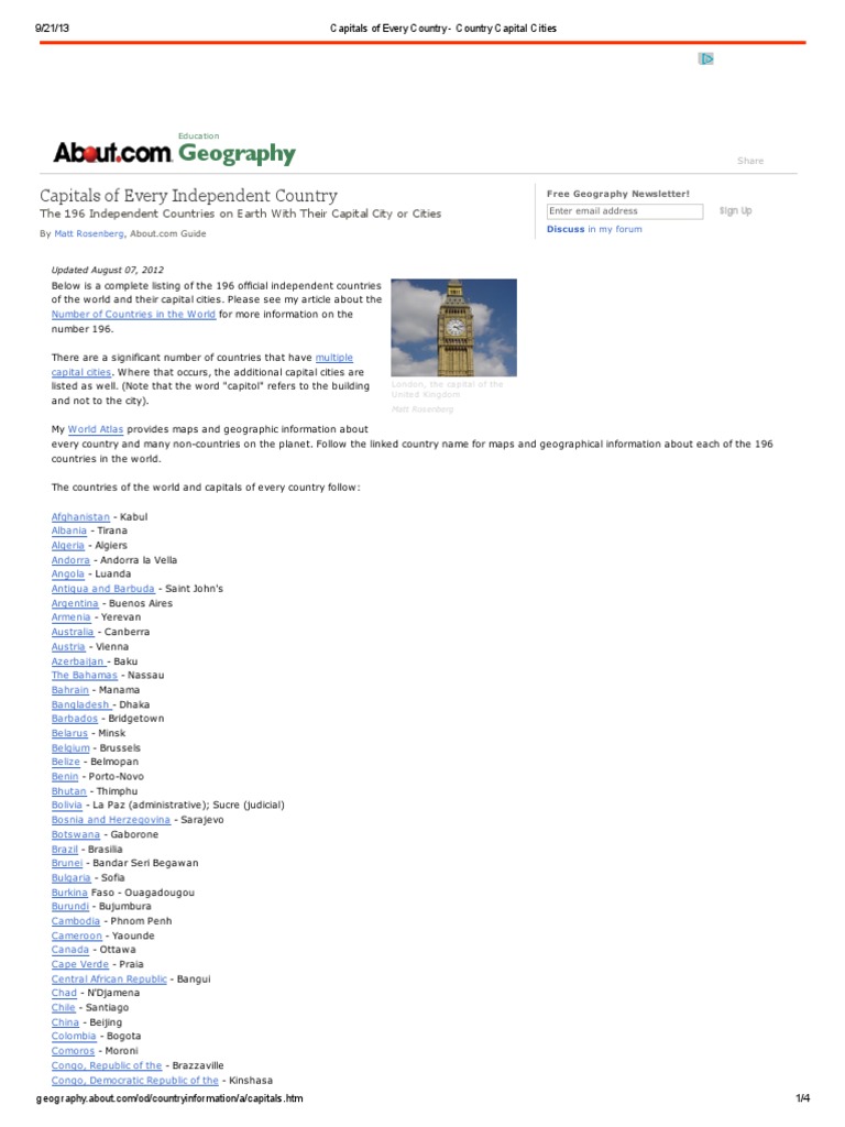 Capitals of All Countries Listed | PDF | International Relations