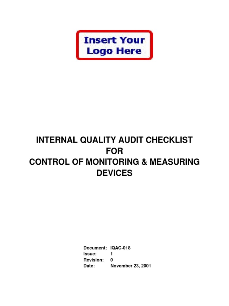 Internal Quality Audit Checklist FOR Control of Monitoring & Measuring ...