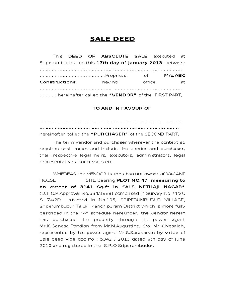 Sale Deed - Sample | PDF | Deed | Foot (Unit)