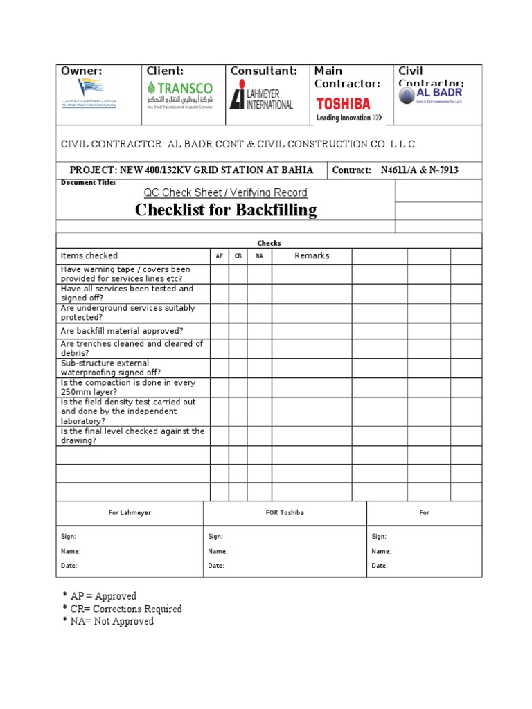 Checklist For Backfilling | PDF | Computers | Technology & Engineering