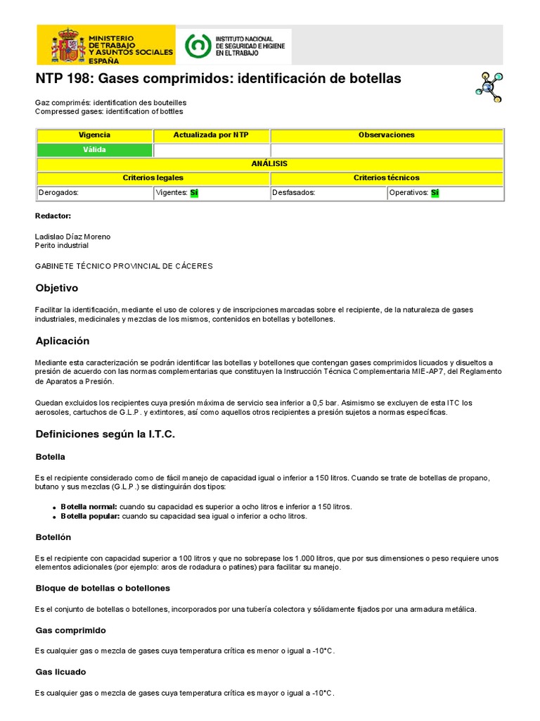 NTP - 198 Botellas Gas Comprimido | PDF | Metano | Gases