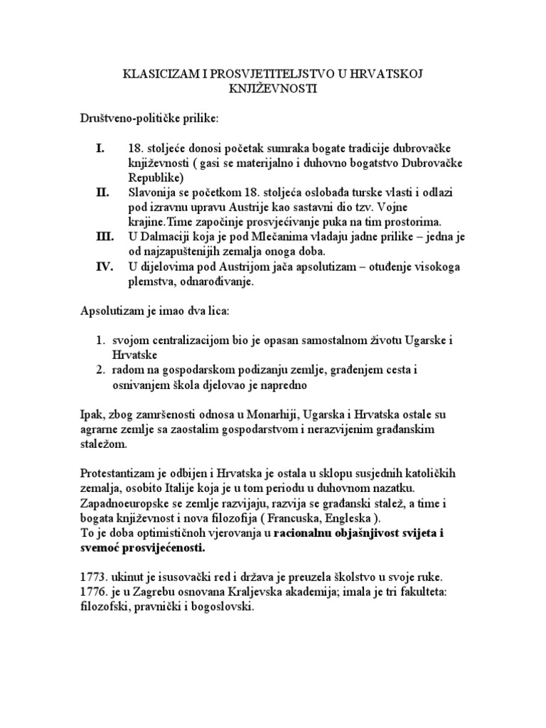 Klasicizam I Prosvjetiteljstvo U Hrvatskoj Knjizevnosti 03 | PDF