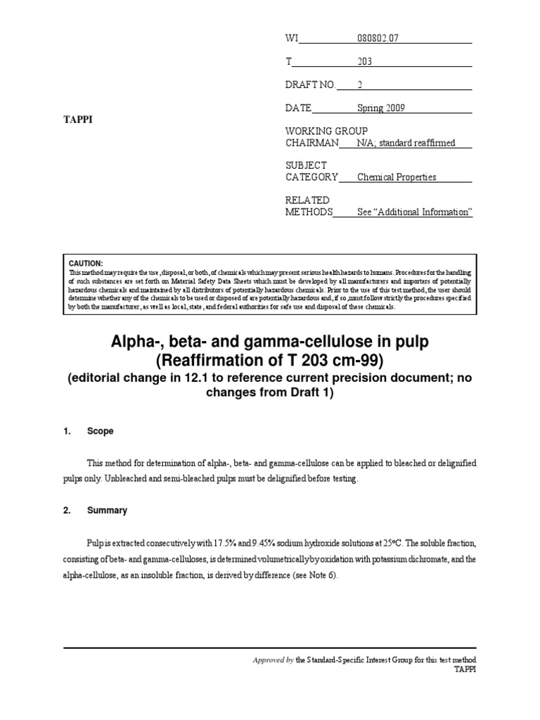 TAPPIMethodT203om-93 Alpha-, Beta - and Gamma-Cellulose in Pulp | PDF ...