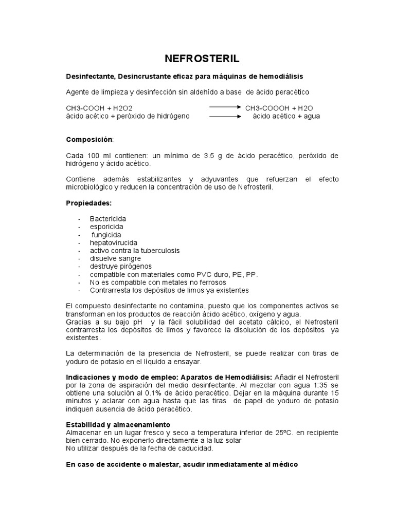 Nefrosteril: Desinfectante para Hemodiálisis | PDF