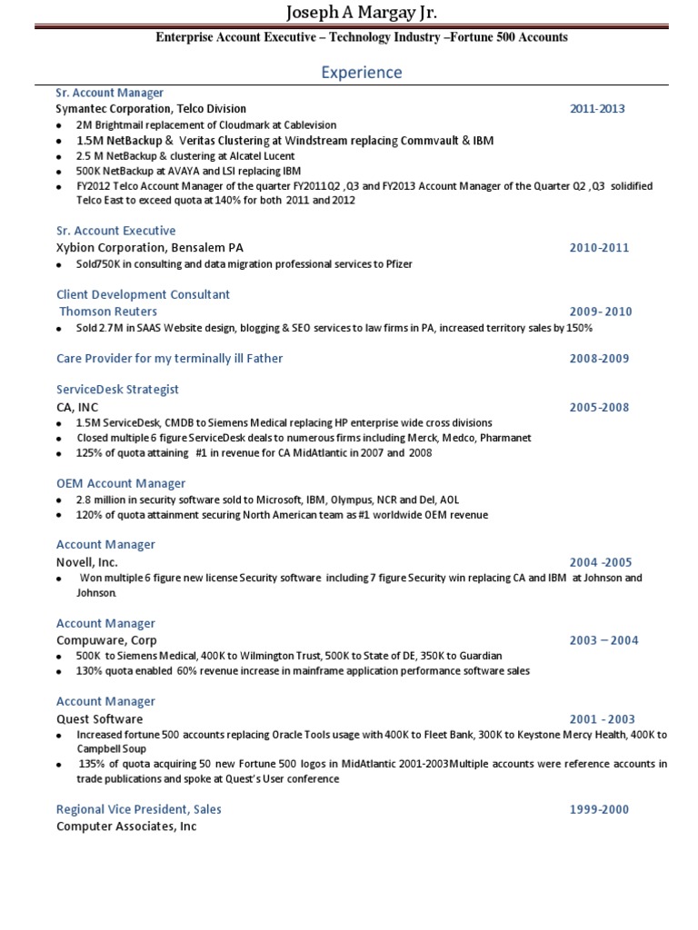 Enterprise Technology Account Executive in Northeast USA Resume Joseph ...