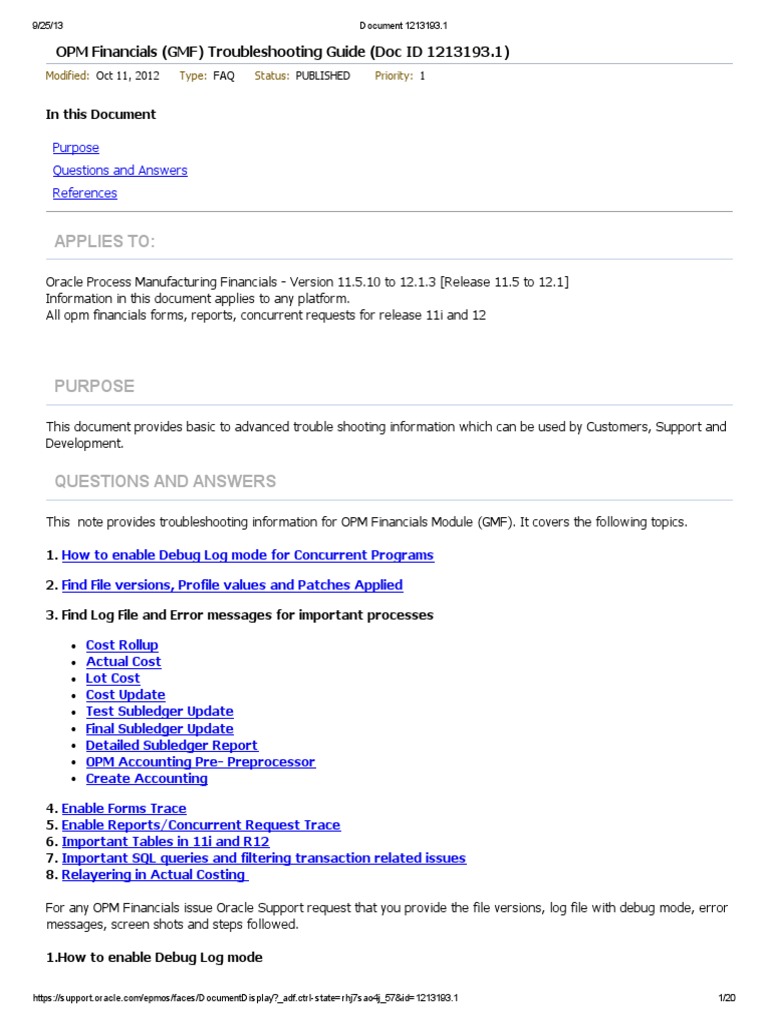 OPM Financials Trouble Shooting Guide | PDF | Debugging | Oracle Database