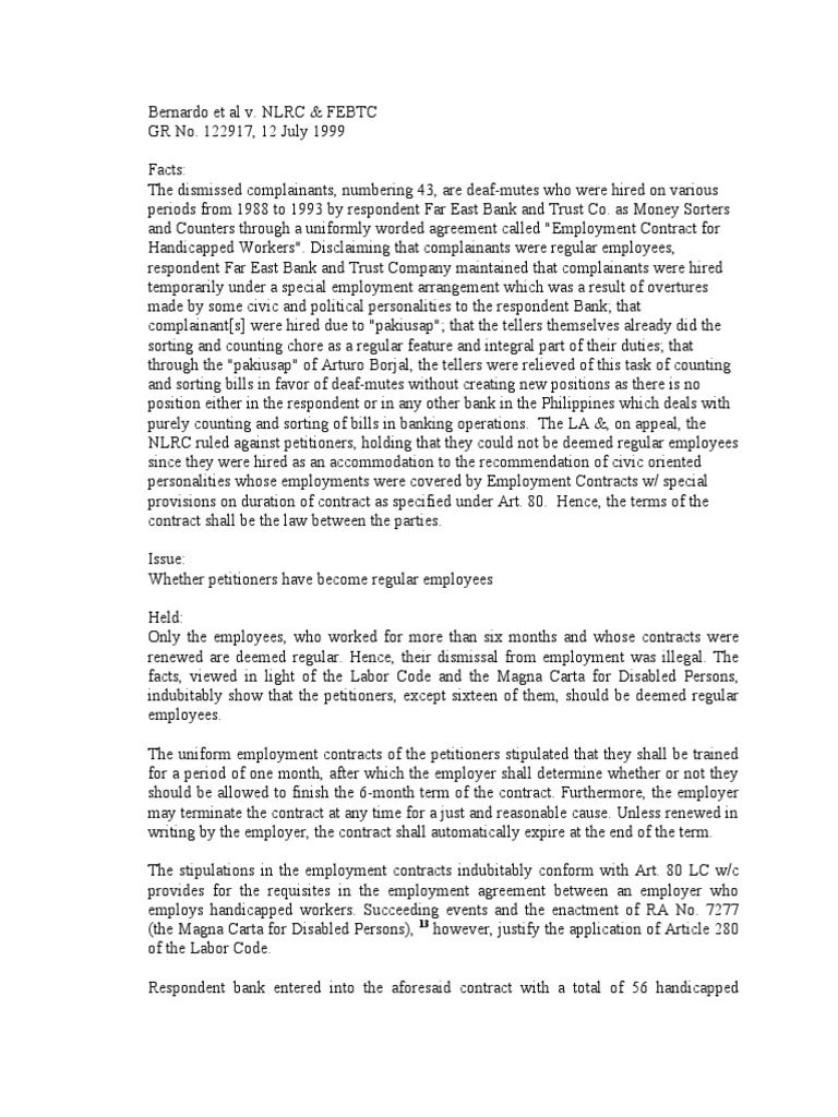 Bernardo Et Al V NLRC | PDF | Employment | Labour Law