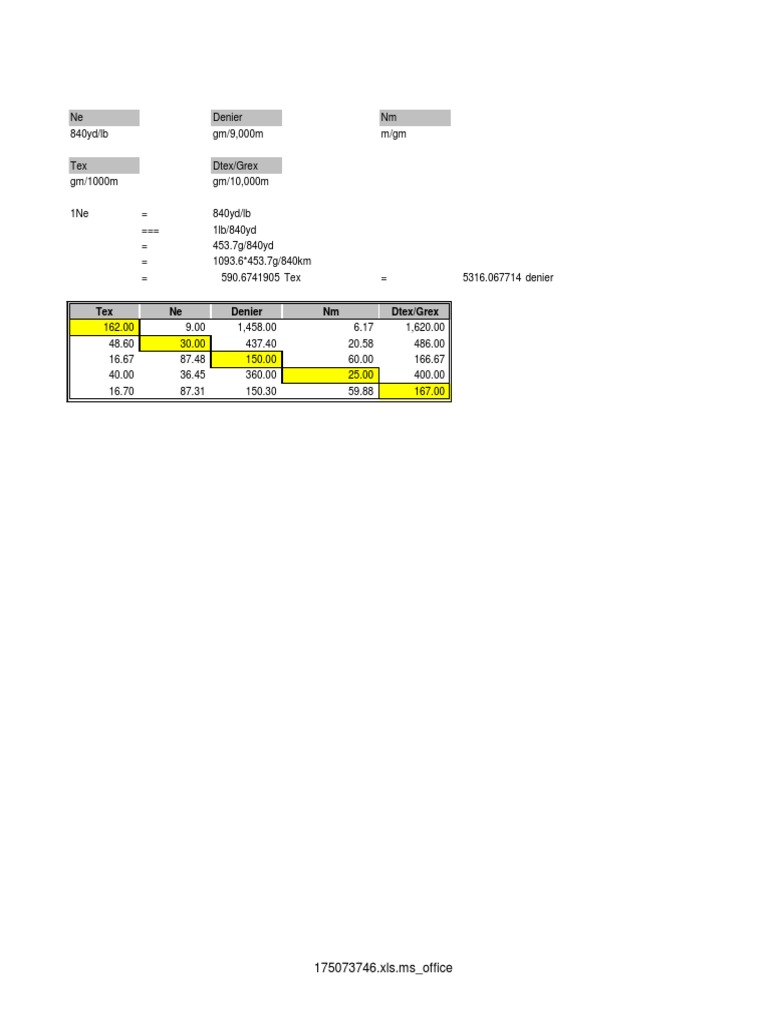 Tex Ne Denier NM Dtex/Grex: 175073746.xls - Ms - Office | PDF | Scientific Observation ...