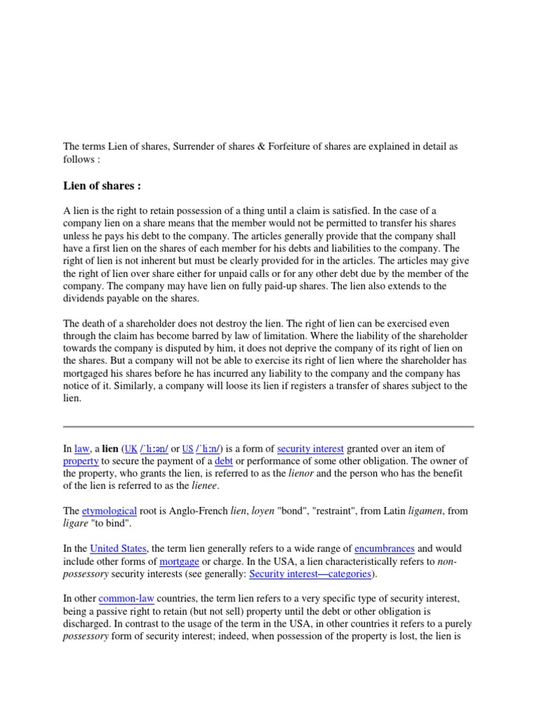 Understanding Lien on Shares in Law | PDF | Lien | Security Interest