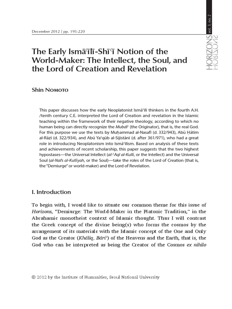 Shin Nomoto - The Early Ismaılı-Shıı Notion of The World-Maker | PDF ...