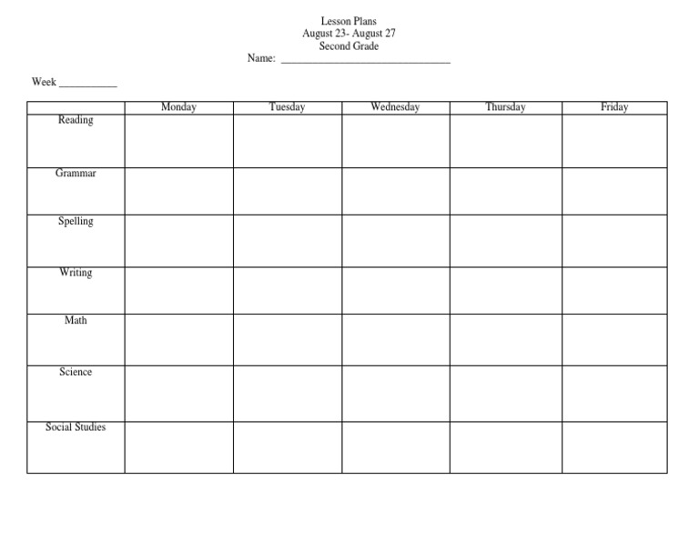 Lesson Plans August 23-August 27 Second Grade Name: - Week - Monday ...