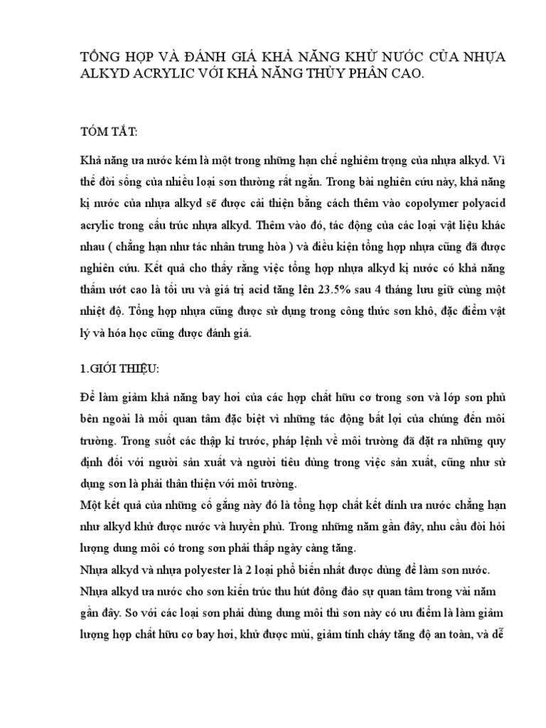 T NG H P Và Đánh Giá KH Năng KH Nư C C A NH A Alkyd Acrylic V I KH Năng TH y Phân Cao | PDF