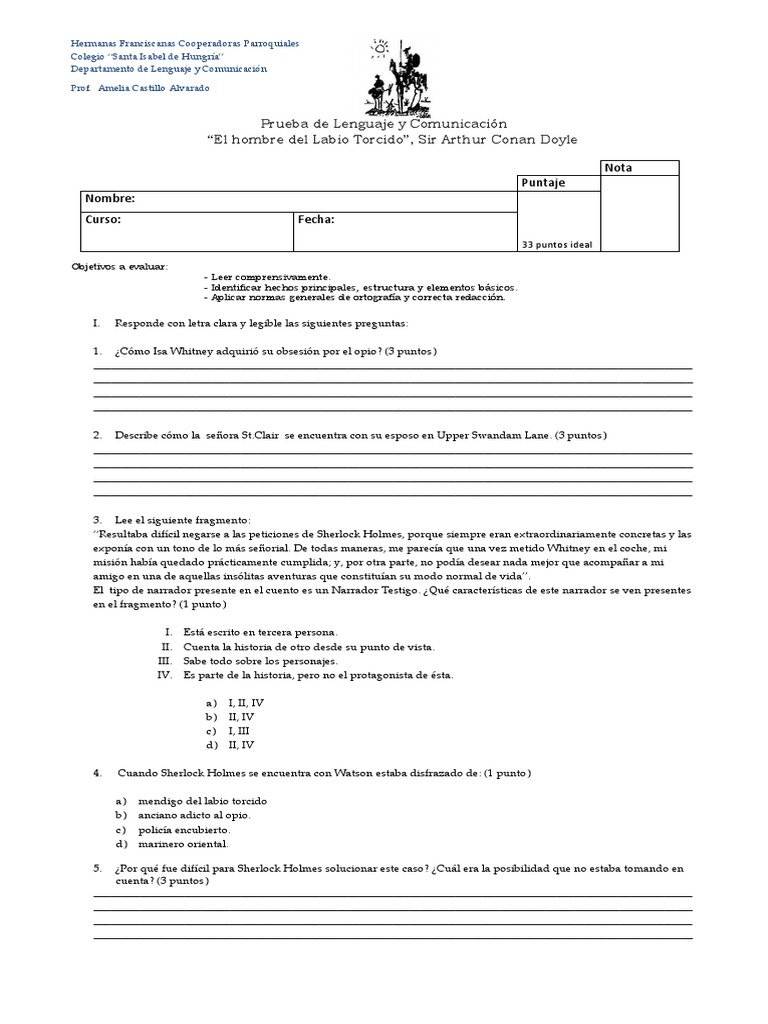 Prueba El Hombre Del Labio Torcido | PDF | Narración | Ocio
